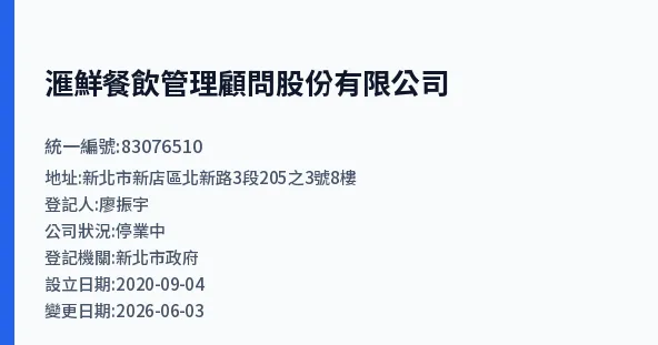 滙鮮餐飲管理顧問股份有限公司的照片-統編 83076510(新北市) 公司登記資料與營業項目詳細圖表