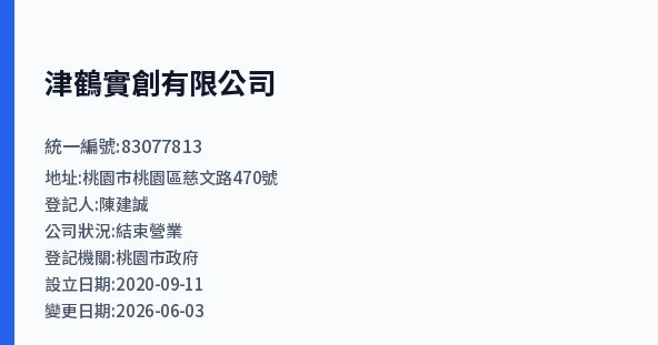 津鶴實創有限公司的照片-統編 83077813(桃園市) 公司登記資料與營業項目詳細圖表