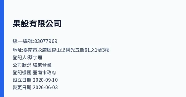 果設有限公司的照片-統編 83077969(臺南市) 公司登記資料與營業項目詳細圖表