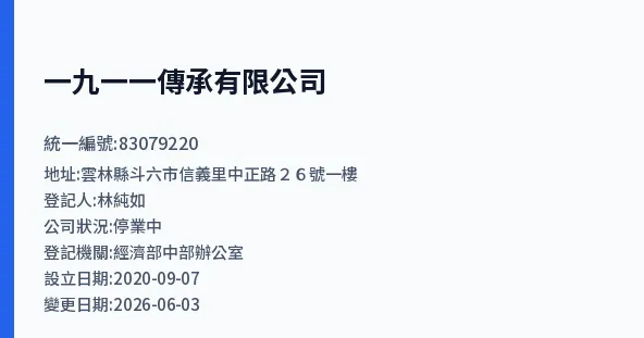 一九一一傳承有限公司的照片-統編 83079220(雲林縣) 公司登記資料與營業項目詳細圖表