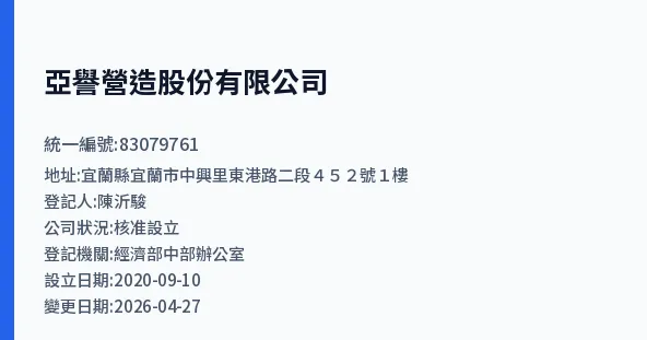 亞譽營造股份有限公司的照片-統編 83079761(宜蘭縣) 公司登記資料與營業項目詳細圖表
