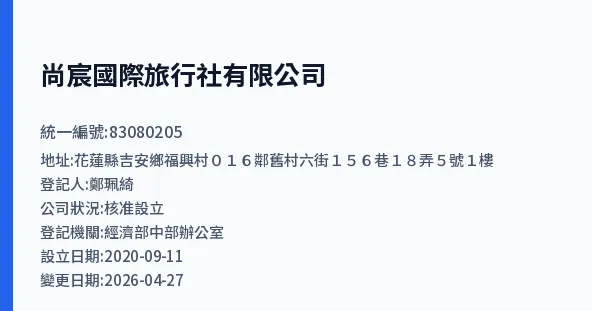 尚宸國際旅行社有限公司的照片-統編 83080205(花蓮縣) 公司登記資料與營業項目詳細圖表