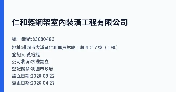 仁和輕鋼架室內裝潢工程有限公司的照片-統編 83080486(桃園市) 公司登記資料與營業項目詳細圖表