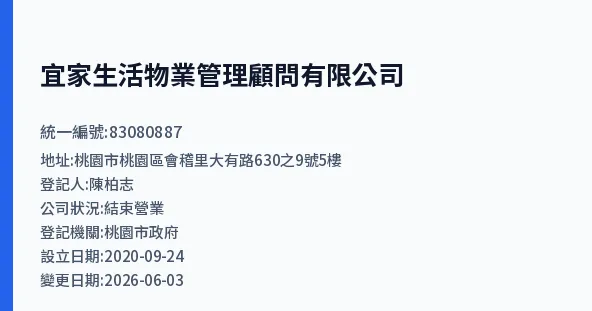 宜家生活物業管理顧問有限公司的照片-統編 83080887(桃園市) 公司登記資料與營業項目詳細圖表