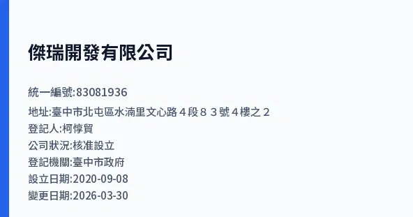 傑瑞開發有限公司的照片-統編 83081936(臺中市) 公司登記資料與營業項目詳細圖表