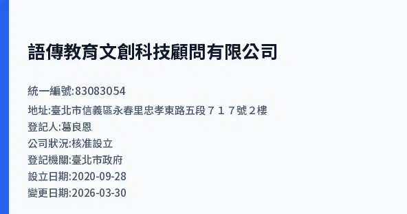 語傳教育文創科技顧問有限公司的照片-統編 83083054(臺北市) 公司登記資料與營業項目詳細圖表