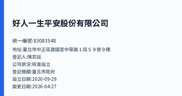 好人一生平安股份有限公司的照片-統編 83083548(臺北市) 公司登記資料與營業項目詳細圖表