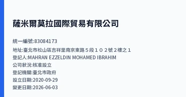 薩米爾莫拉國際貿易有限公司的照片-統編 83084173(臺北市) 公司登記資料與營業項目詳細圖表