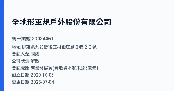 全地形軍規戶外股份有限公司的照片-統編 83084461(屏東縣) 公司登記資料與營業項目詳細圖表