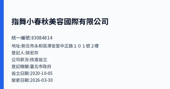 指舞小春秋美容國際有限公司的照片-統編 83084814(新北市) 公司登記資料與營業項目詳細圖表