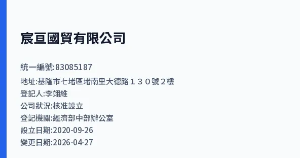 宸亘國貿有限公司的照片-統編 83085187(基隆市) 公司登記資料與營業項目詳細圖表