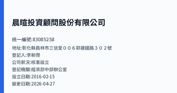 晨暄投資顧問股份有限公司的照片-統編 83085258(彰化縣) 公司登記資料與營業項目詳細圖表