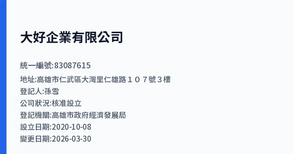 大好企業有限公司的照片-統編 83087615(高雄市) 公司登記資料與營業項目詳細圖表