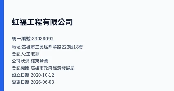 虹福工程有限公司的照片-統編 83088092(高雄市) 公司登記資料與營業項目詳細圖表
