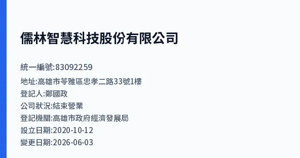 儒林智慧科技股份有限公司的照片-統編 83092259(高雄市) 公司登記資料與營業項目詳細圖表