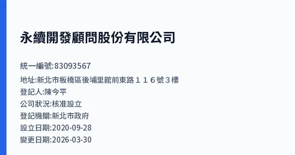 永續開發顧問股份有限公司的照片-統編 83093567(新北市) 公司登記資料與營業項目詳細圖表