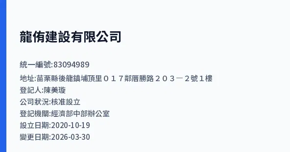 龍侑建設有限公司的照片-統編 83094989(苗栗縣) 公司登記資料與營業項目詳細圖表