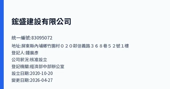 鋐盛建設有限公司的照片-統編 83095072(屏東縣) 公司登記資料與營業項目詳細圖表