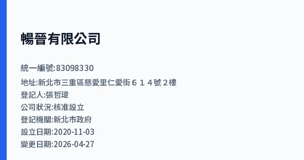 暢晉有限公司的照片-統編 83098330(新北市) 公司登記資料與營業項目詳細圖表