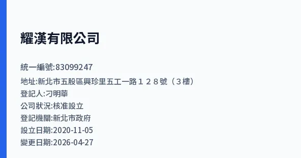 耀漢有限公司的照片-統編 83099247(新北市) 公司登記資料與營業項目詳細圖表