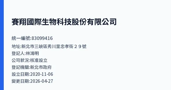賽翔國際生物科技股份有限公司的照片-統編 83099416(新北市) 公司登記資料與營業項目詳細圖表