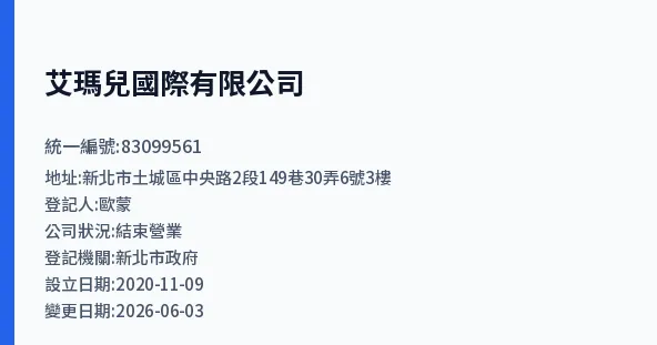 艾瑪兒國際有限公司的照片-統編 83099561(新北市) 公司登記資料與營業項目詳細圖表