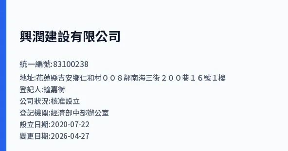 興潤建設有限公司的照片-統編 83100238(花蓮縣) 公司登記資料與營業項目詳細圖表