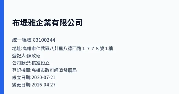 布堤雅企業有限公司的照片-統編 83100244(高雄市) 公司登記資料與營業項目詳細圖表