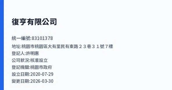 復亨有限公司的照片-統編 83101378(桃園市) 公司登記資料與營業項目詳細圖表