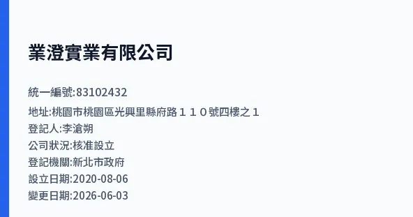 業澄實業有限公司的照片-統編 83102432(桃園市) 公司登記資料與營業項目詳細圖表