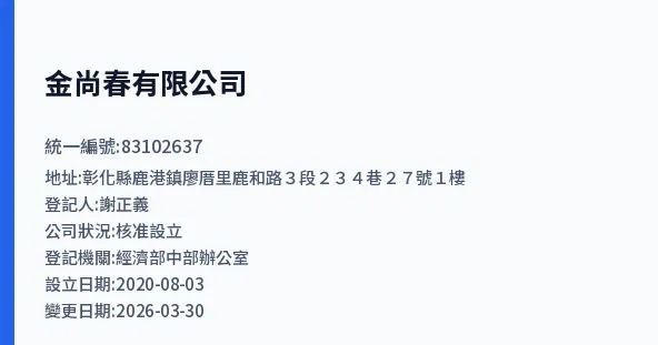 金尚春有限公司的照片-統編 83102637(彰化縣) 公司登記資料與營業項目詳細圖表