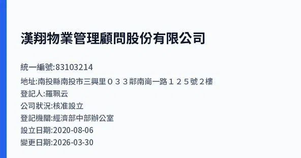 漢翔物業管理顧問股份有限公司的照片-統編 83103214(南投縣) 公司登記資料與營業項目詳細圖表