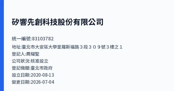 矽響先創科技股份有限公司的照片-統編 83103782(臺北市) 公司登記資料與營業項目詳細圖表