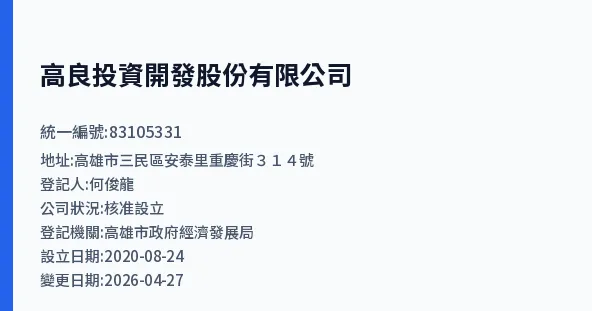 高良投資開發股份有限公司的照片-統編 83105331(高雄市) 公司登記資料與營業項目詳細圖表