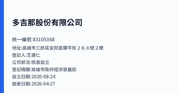 多吉那股份有限公司的照片-統編 83105368(高雄市) 公司登記資料與營業項目詳細圖表
