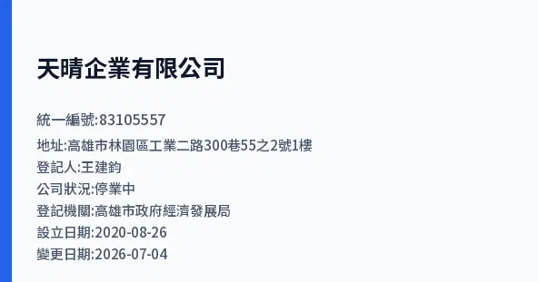 天晴企業有限公司的照片-統編 83105557(高雄市) 公司登記資料與營業項目詳細圖表