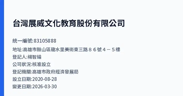 台灣展威文化教育股份有限公司的照片-統編 83105888(高雄市) 公司登記資料與營業項目詳細圖表