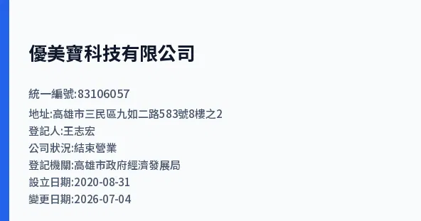 優美寶科技有限公司的照片-統編 83106057(高雄市) 公司登記資料與營業項目詳細圖表