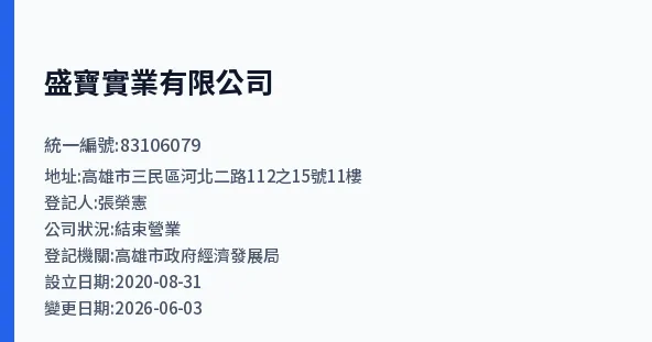 盛寶實業有限公司的照片-統編 83106079(高雄市) 公司登記資料與營業項目詳細圖表