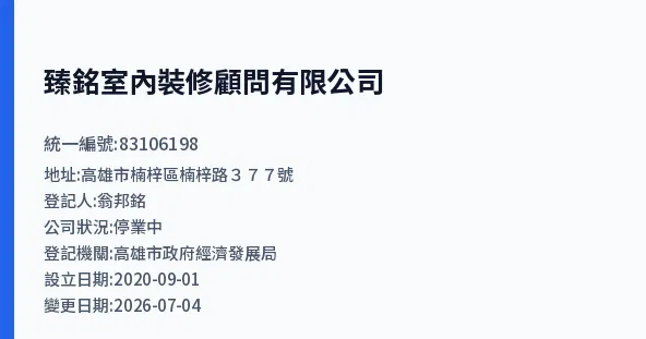 臻銘室內裝修顧問有限公司的照片-統編 83106198(高雄市) 公司登記資料與營業項目詳細圖表