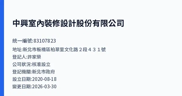 中興室內裝修設計股份有限公司的照片-統編 83107823(新北市) 公司登記資料與營業項目詳細圖表