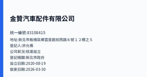 金贊汽車配件有限公司的照片-統編 83108415(新北市) 公司登記資料與營業項目詳細圖表