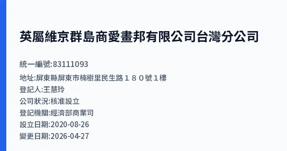 英屬維京群島商愛畫邦有限公司台灣分公司的照片-統編 83111093(屏東縣) 公司登記資料與營業項目詳細圖表
