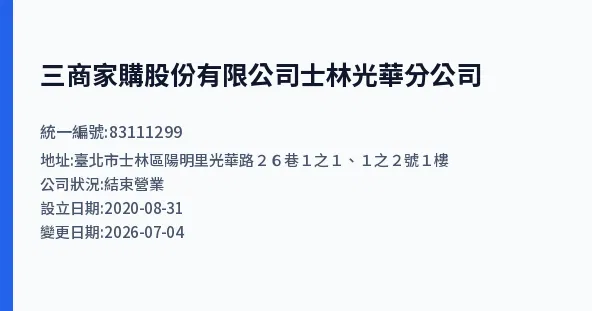 三商家購股份有限公司士林光華分公司的照片-統編 83111299(臺北市) 公司登記資料與營業項目詳細圖表
