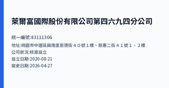 萊爾富國際股份有限公司第四六九四分公司的照片-統編 83111306(桃園市) 公司登記資料與營業項目詳細圖表