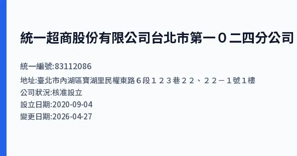 統一超商股份有限公司台北市第一0二四分公司的照片-統編 83112086(臺北市) 公司登記資料與營業項目詳細圖表