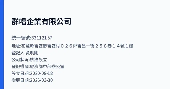 群唱企業有限公司的照片-統編 83112157(花蓮縣) 公司登記資料與營業項目詳細圖表