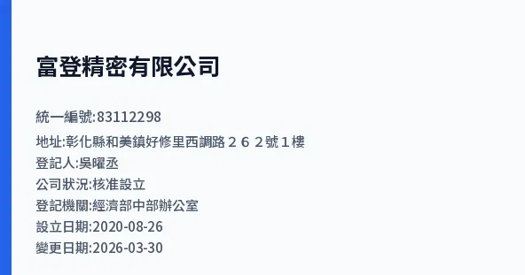 富登精密有限公司的照片-統編 83112298(彰化縣) 公司登記資料與營業項目詳細圖表