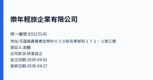 樂年輕旅企業有限公司的照片-統編 83113141(花蓮縣) 公司登記資料與營業項目詳細圖表