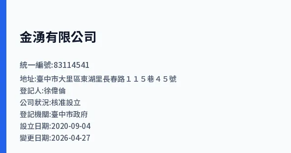 金湧有限公司的照片-統編 83114541(臺中市) 公司登記資料與營業項目詳細圖表